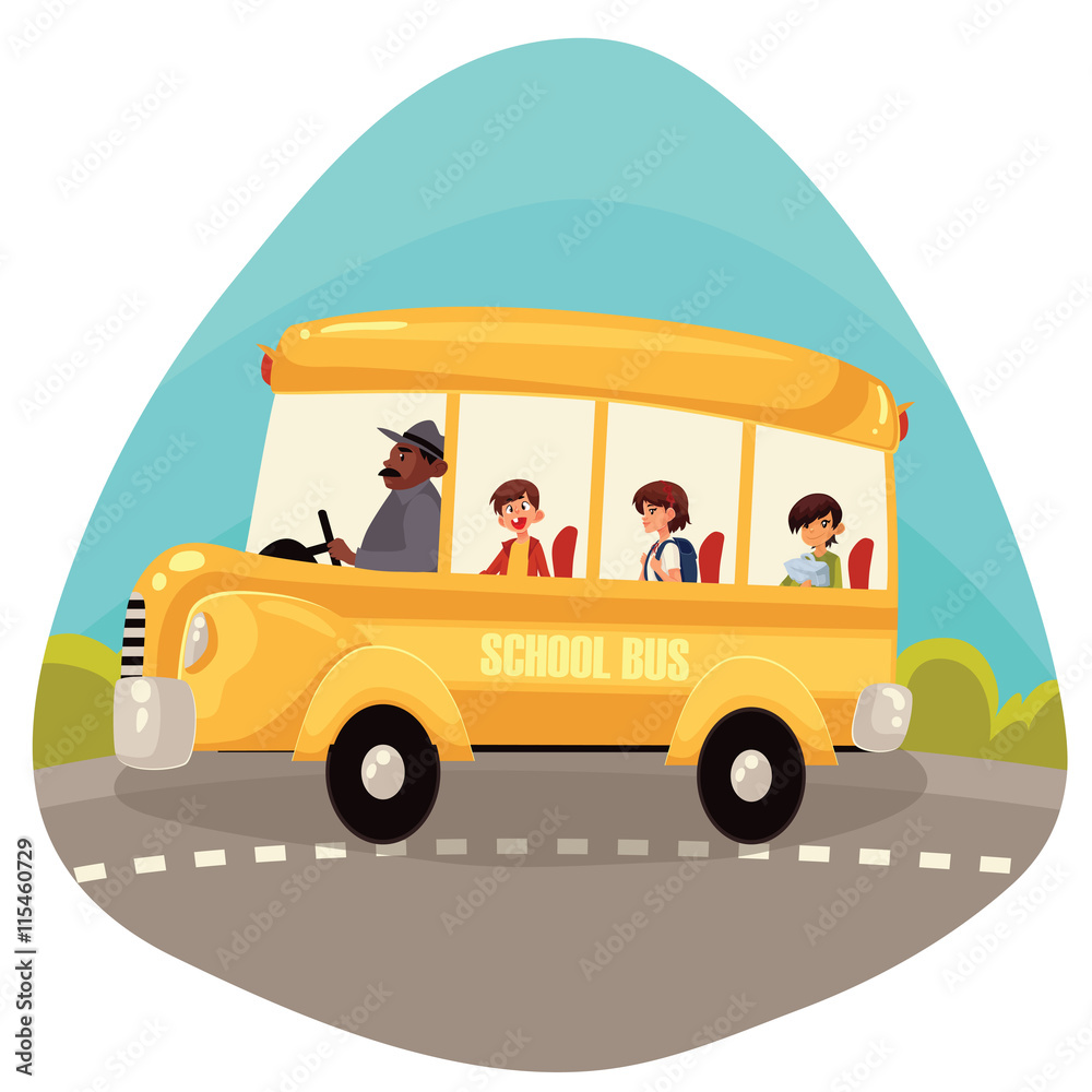 Cartoon vector illustration of happy primary students riding school bus ...