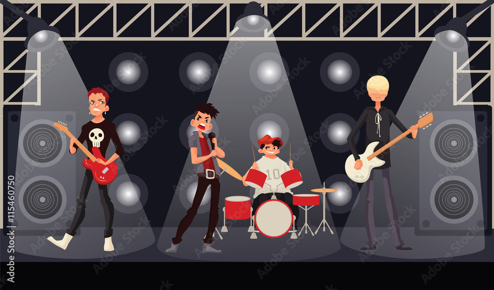 Rock band musicians perform on stage, cartoon vector illustration. Rock ...
