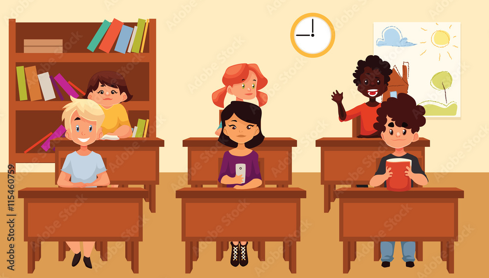 Cartoon vector illustration of school kids studying in classroom ...