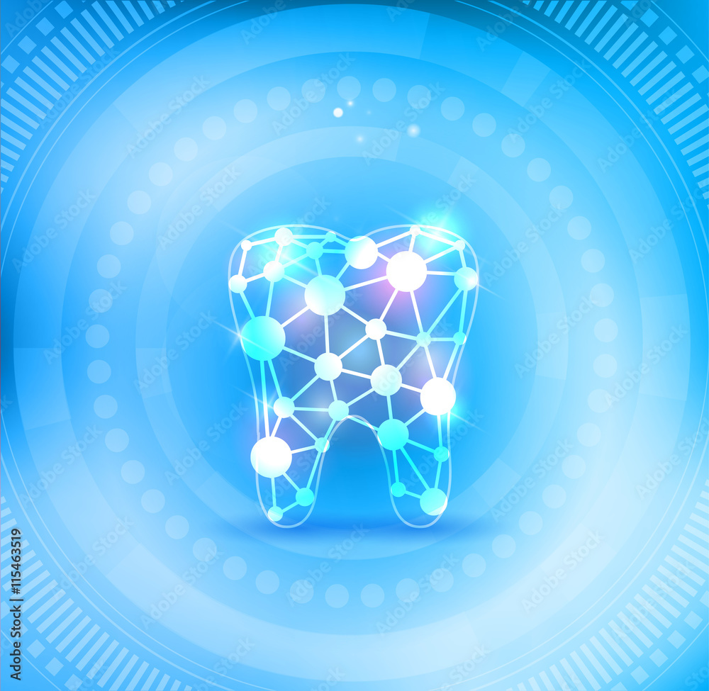 Scientific tooth on a light blue abstract round circle background Stock ...