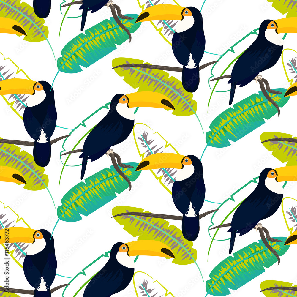 Toco toucan bird on banana leaves seamless vector pattern on white ...