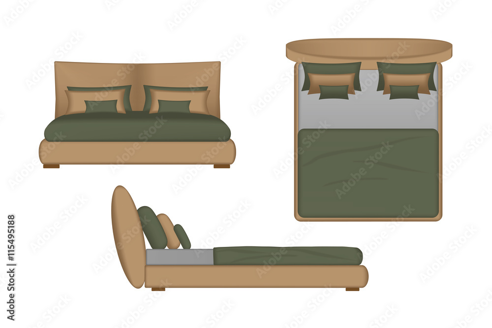 Realistic Bed Illustration. Top, Front, Side View for Your Interior ...