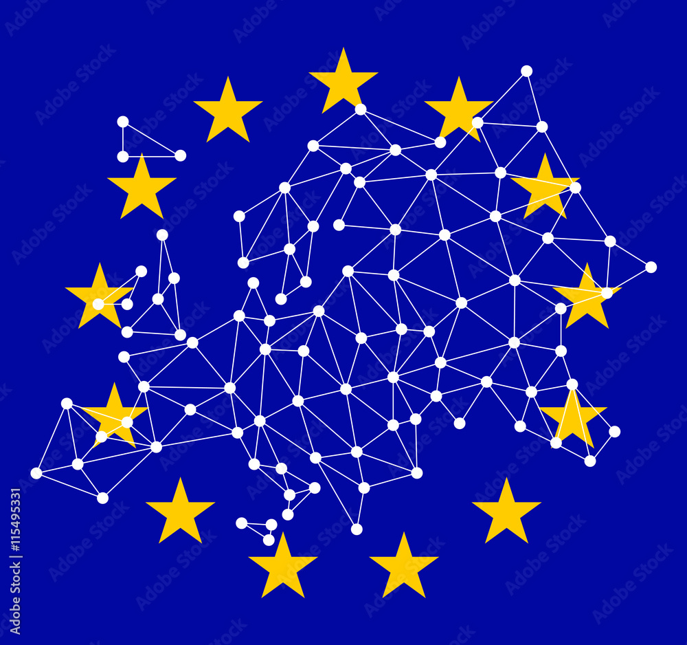 Polygonal map of Europe with dots and lines on background EU flag ...
