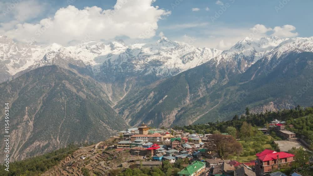 Time Lapse. Picturesque view of Kalpa village (2960 m) and Kinnaur ...