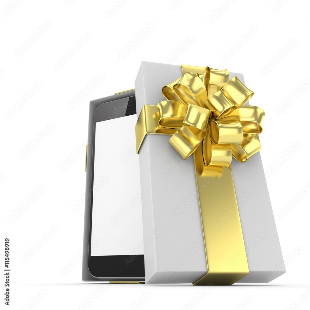 Smartphone in gift box. Isolated on white background. 3d rendering ...