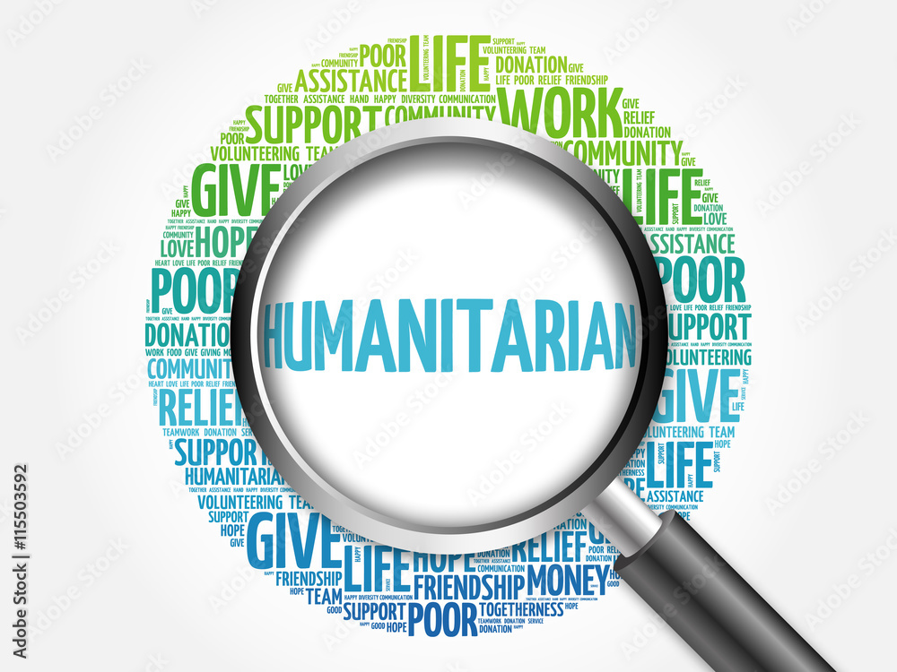 Humanitarian word cloud with magnifying glass, social concept 3D ...