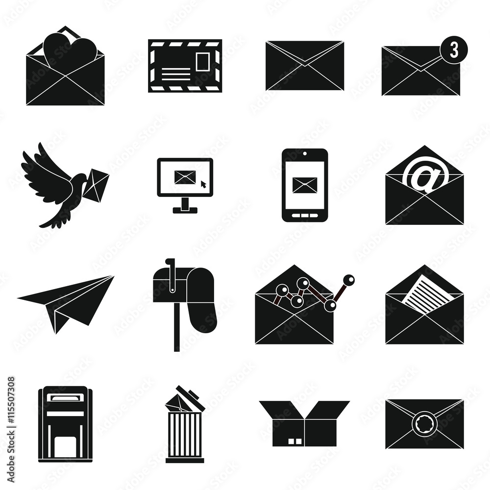 Email icons set in simple ctyle. Postal and mailing signs set ...