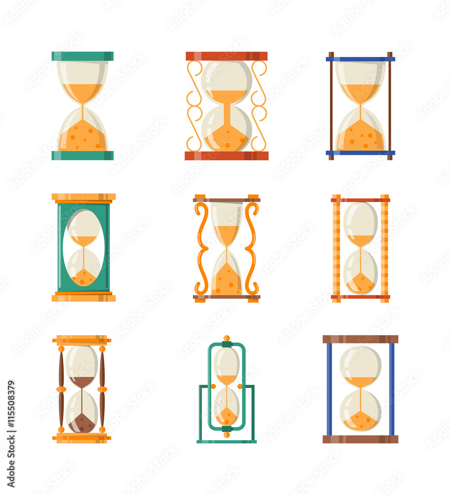 Vecteur Stock Transparent sandglass icons set, time hourglass, sand clock flat design history ...