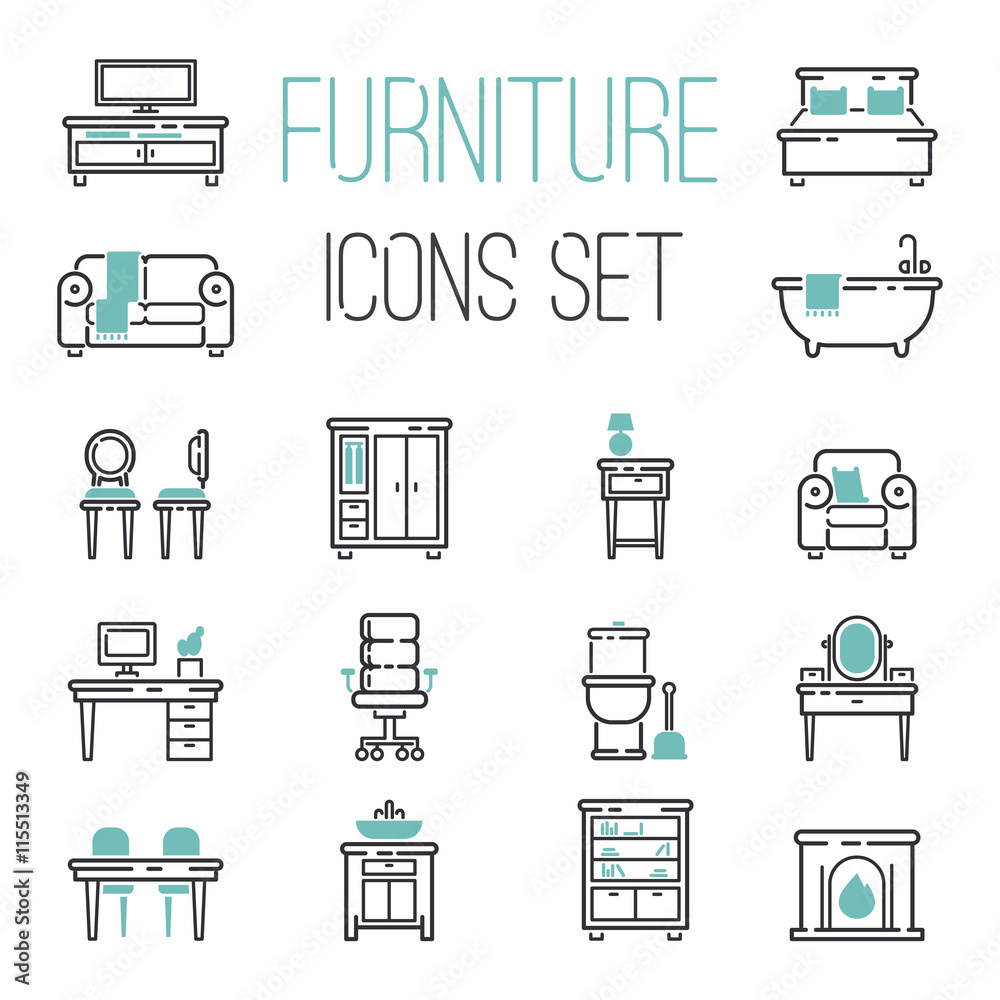 Furniture and home decor icon set vector illustration. Indoor cabinet ...