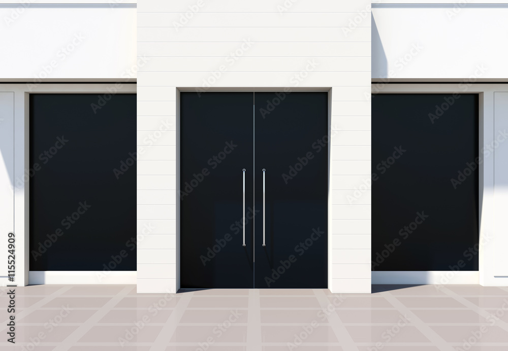 Modern shopfront with large doors and windows. White store facade 3D ...