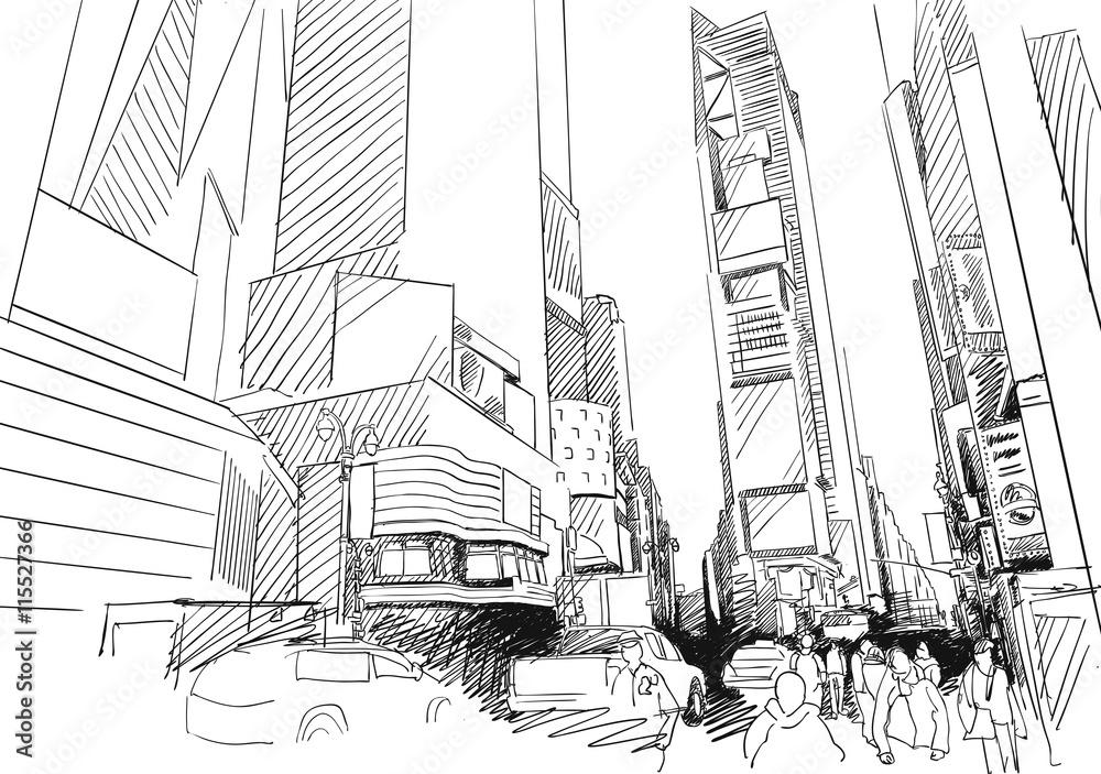 Time Square, New York City. Hand-drawn Vector Outline Sketch Stock ...