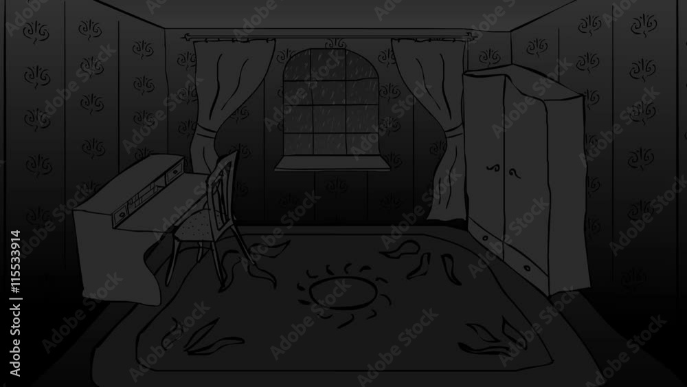 Dark room with furniture and rain and thunder outside the window looped ...
