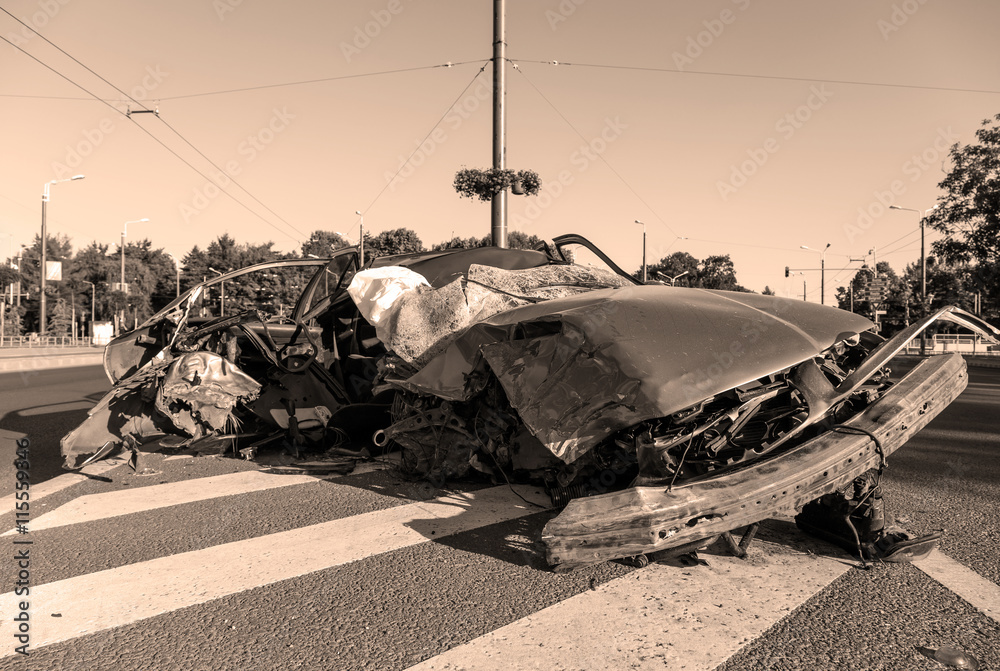 Car destroyed after horrible car accident Stock Photo | Adobe Stock