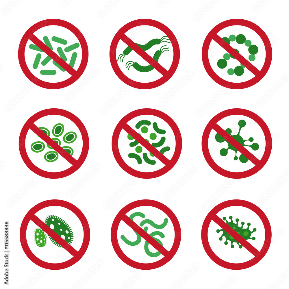 Antibacterial icons with germ. Bacteria kill vector symbol. Control ...