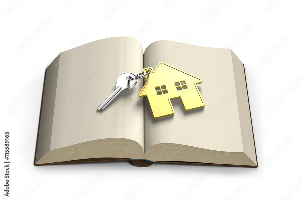 Opening book with golden house and key front view , 3D rendering Stock ...