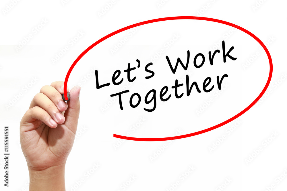Man Hand writing Lets Work Together with marker on transparent wipe ... Man Hand writing Lets Work Together with marker on transparent wipe ...