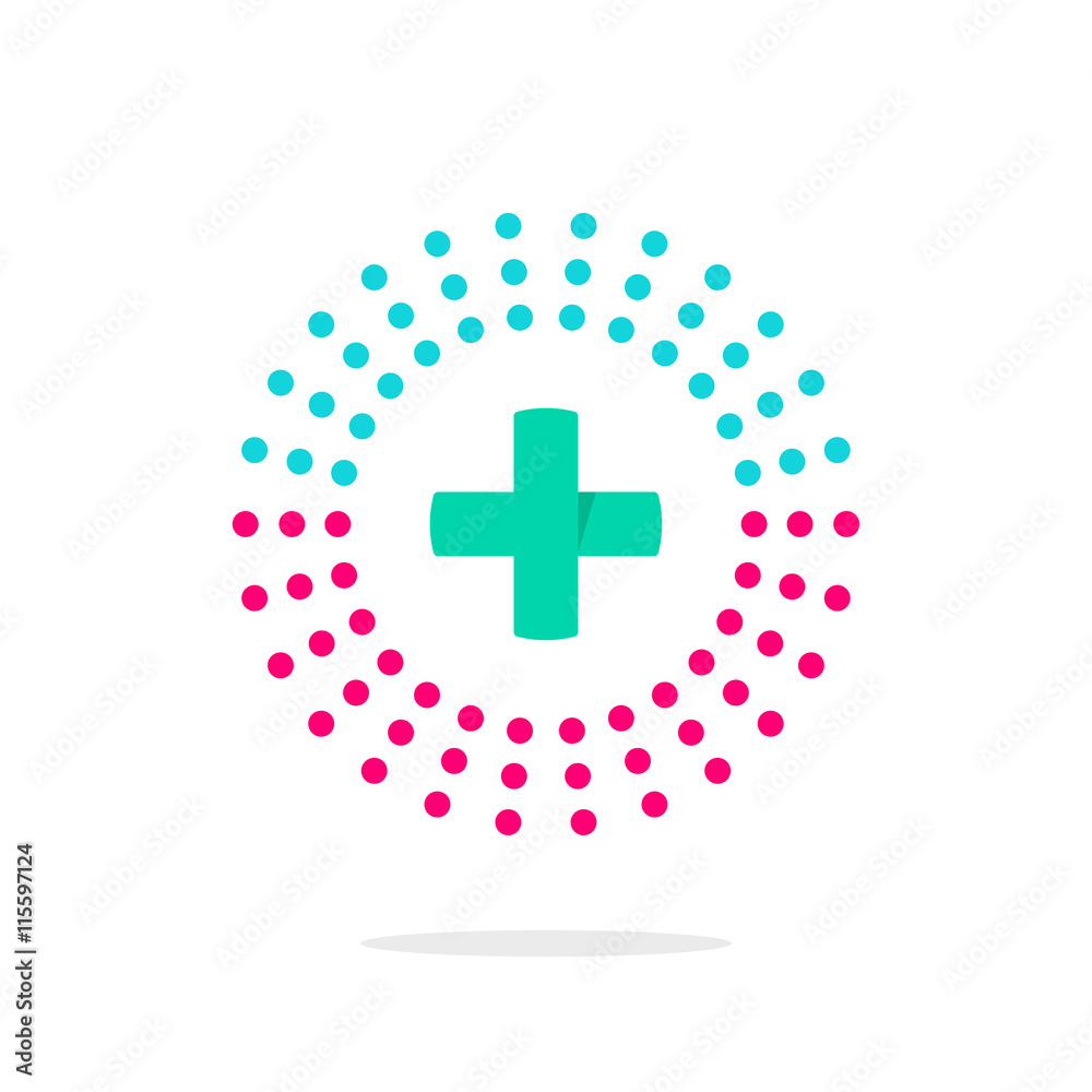 Medical logo vector symbol with green cross and abstract purple and ...