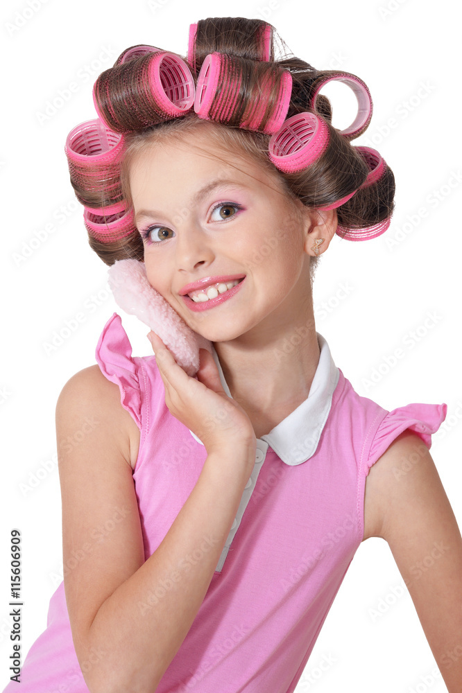 Little pretty girl in hair curlers Stock Photo | Adobe Stock