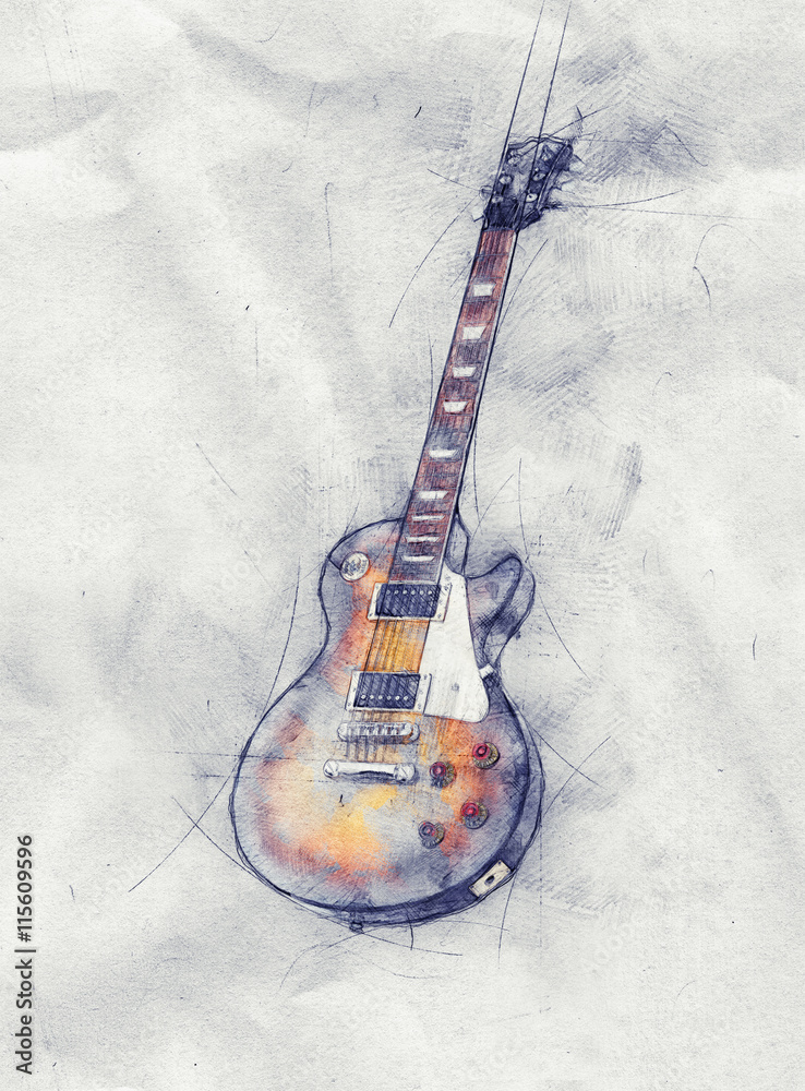 Colored pencil sketch of guitar on crumpled paper Stock Illustration ...
