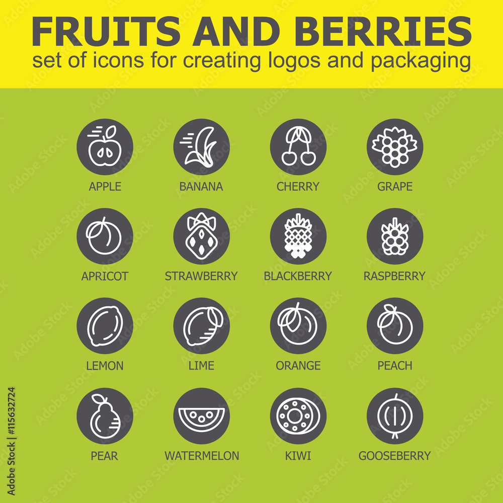 Fruit and berries icon collection - vector illustration. Fruit and ...