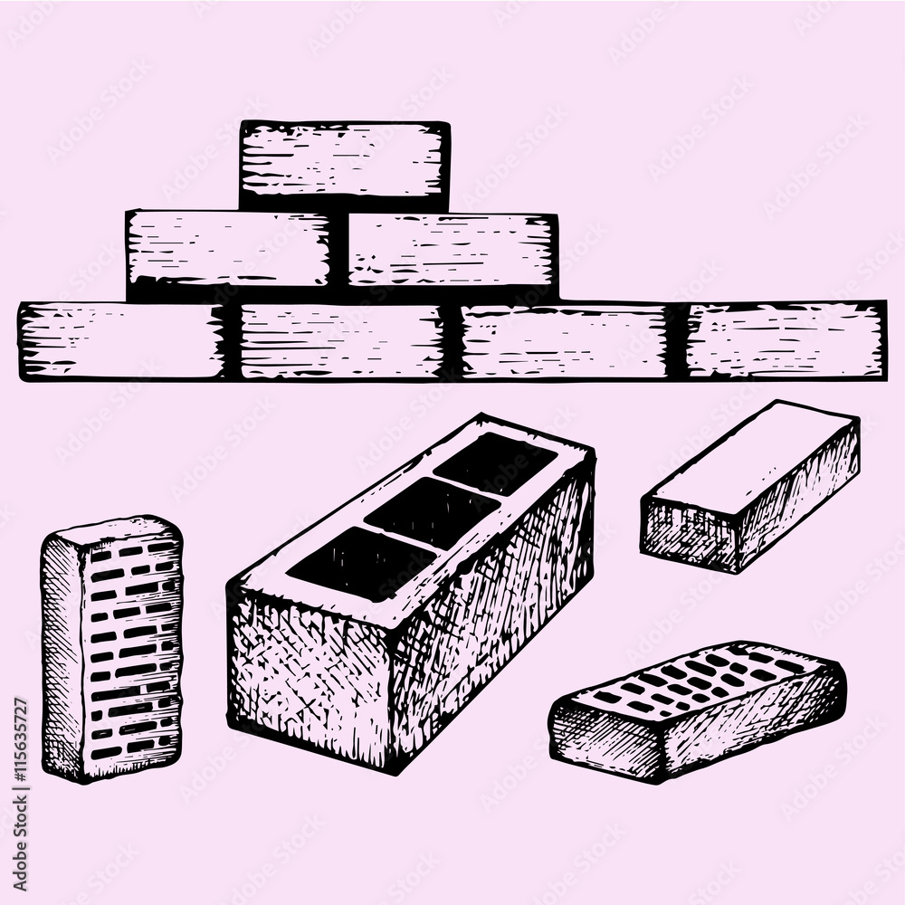Photo & Art Print set bricks, cinder block doodle style sketch ...
