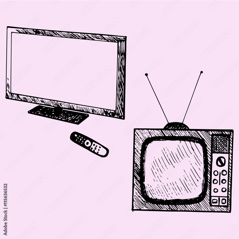 Old TV modern TV and remote control, doodle style sketch illustration ...