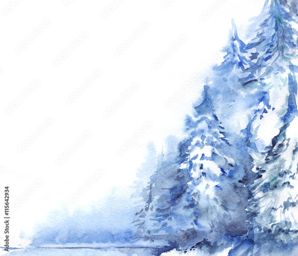 Watercolor winter snowy pine wood forest landscape Stock Illustration ...