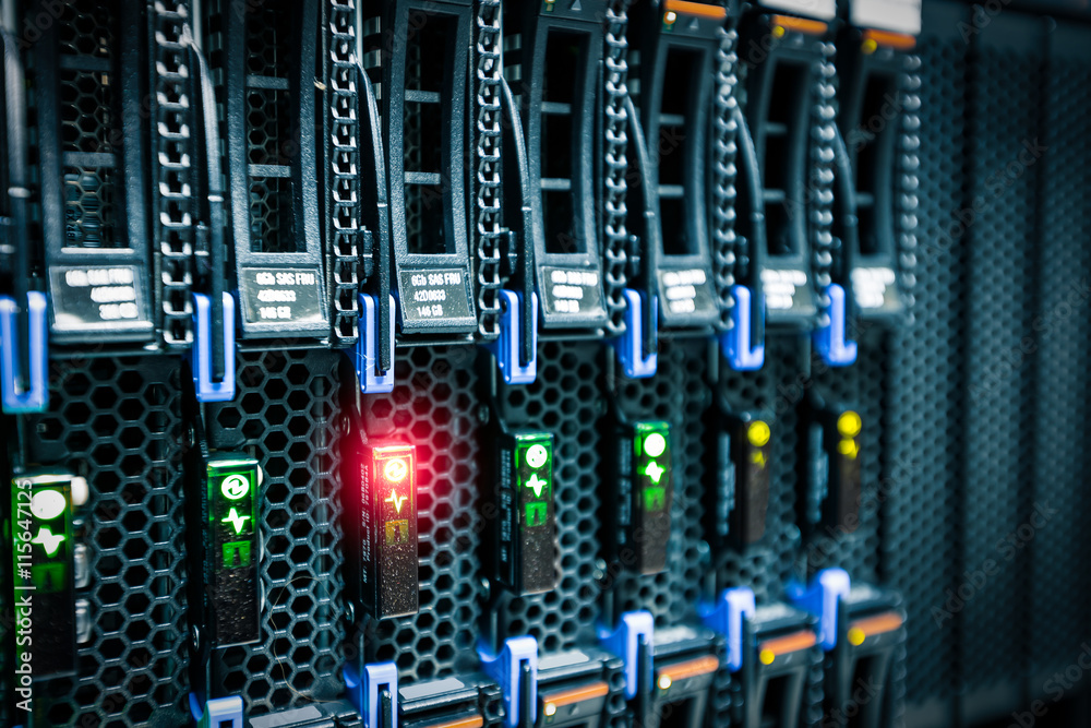 Foto de Computer Server mount on rack in data center room with red ...