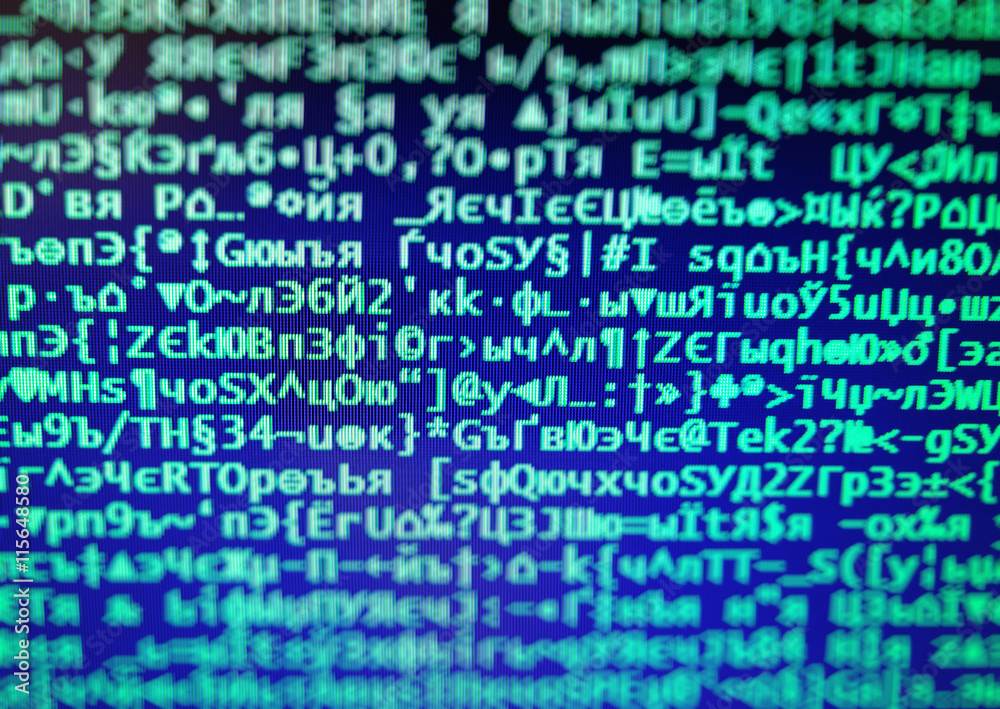 Vintage hacker code on display console bokeh backdrop Stock ...