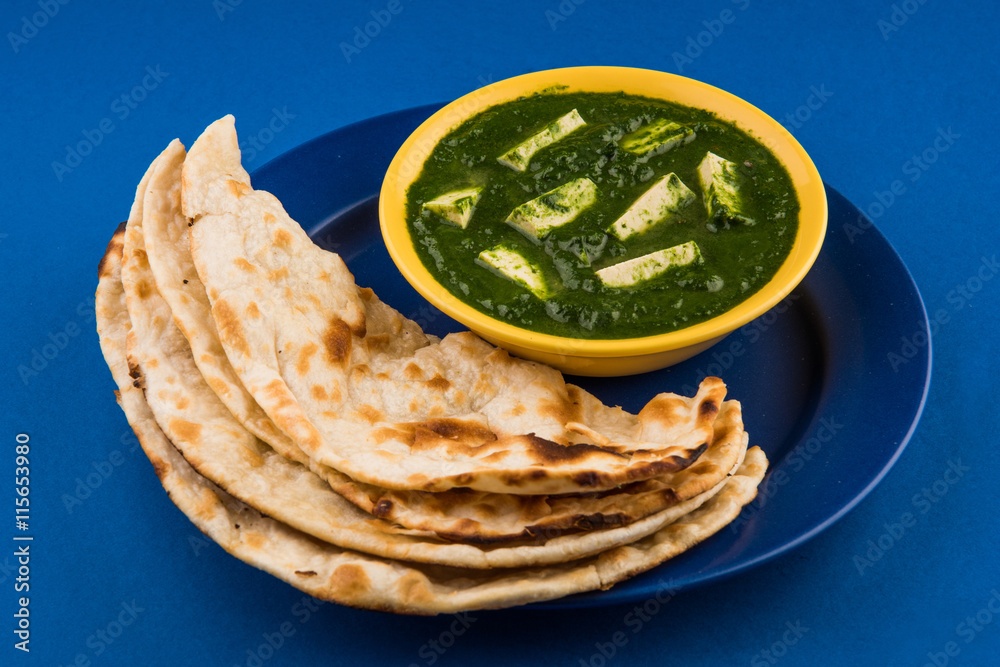 tasty palak paneer served with nan / naan / roti / chapati / fulka ...