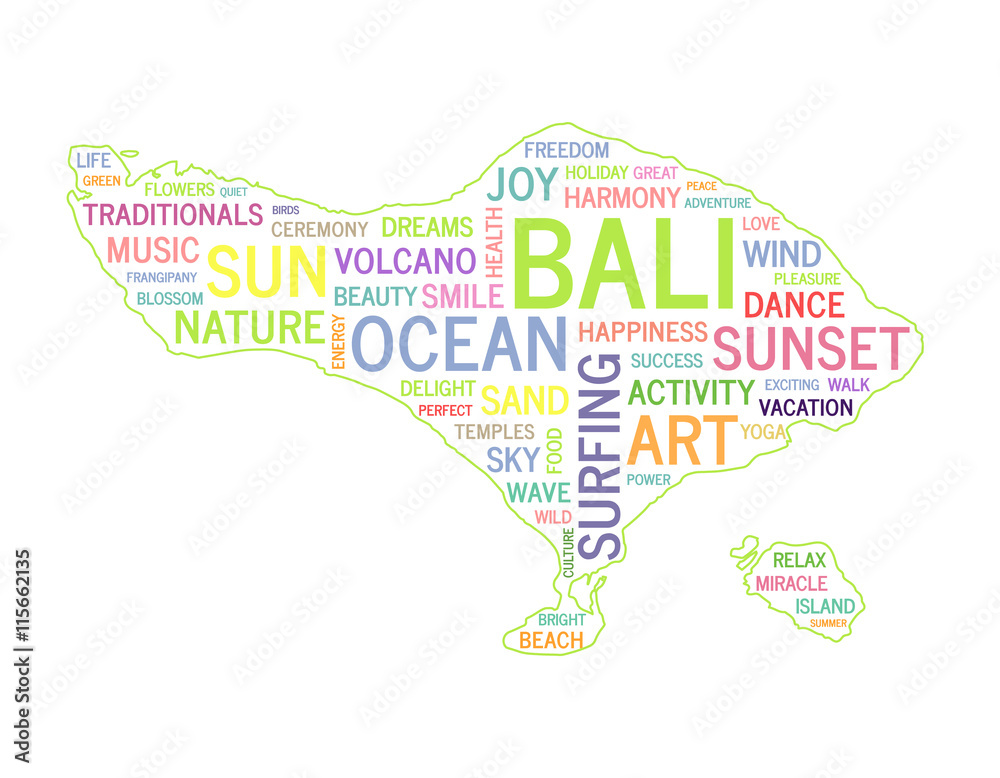 Word Cloud, Bali map shape. Colorful vector illustration. Stock Vector ...