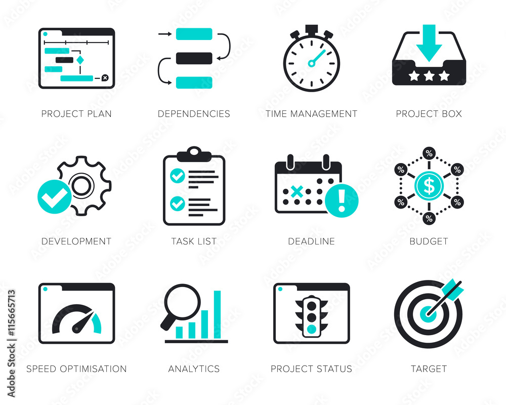 Vecteur Stock Project Management pictograms set in flat line style ...