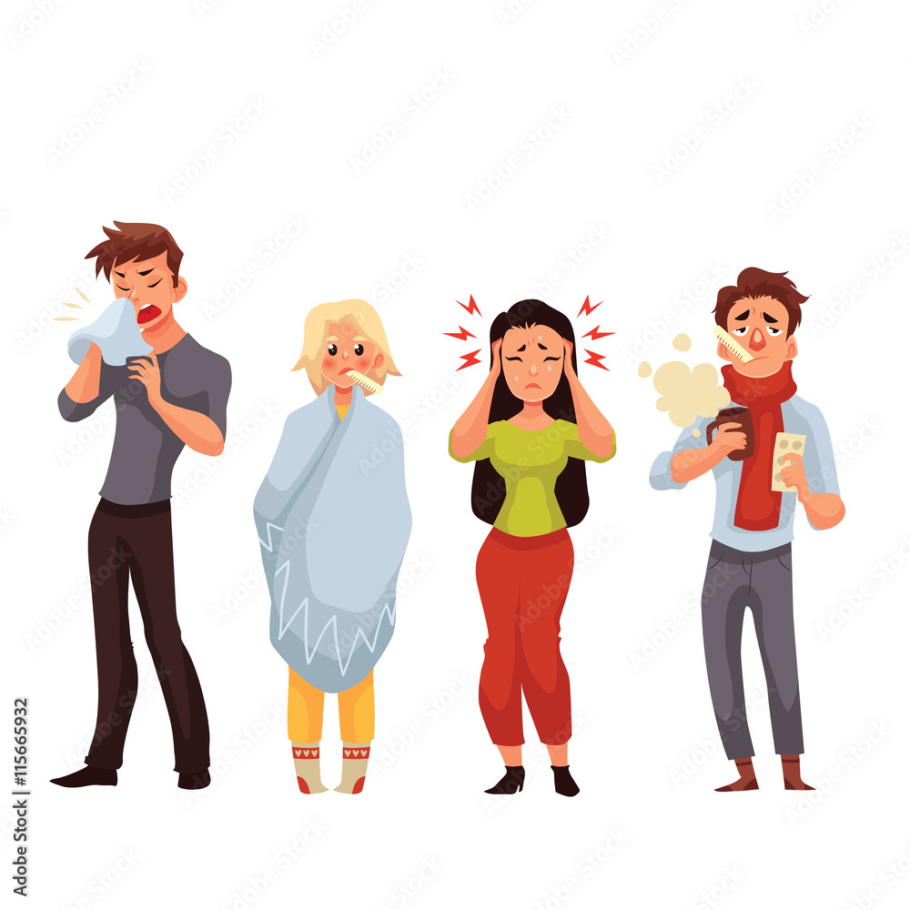 Set of sick people cartoon style vector illustration isolated on white ...