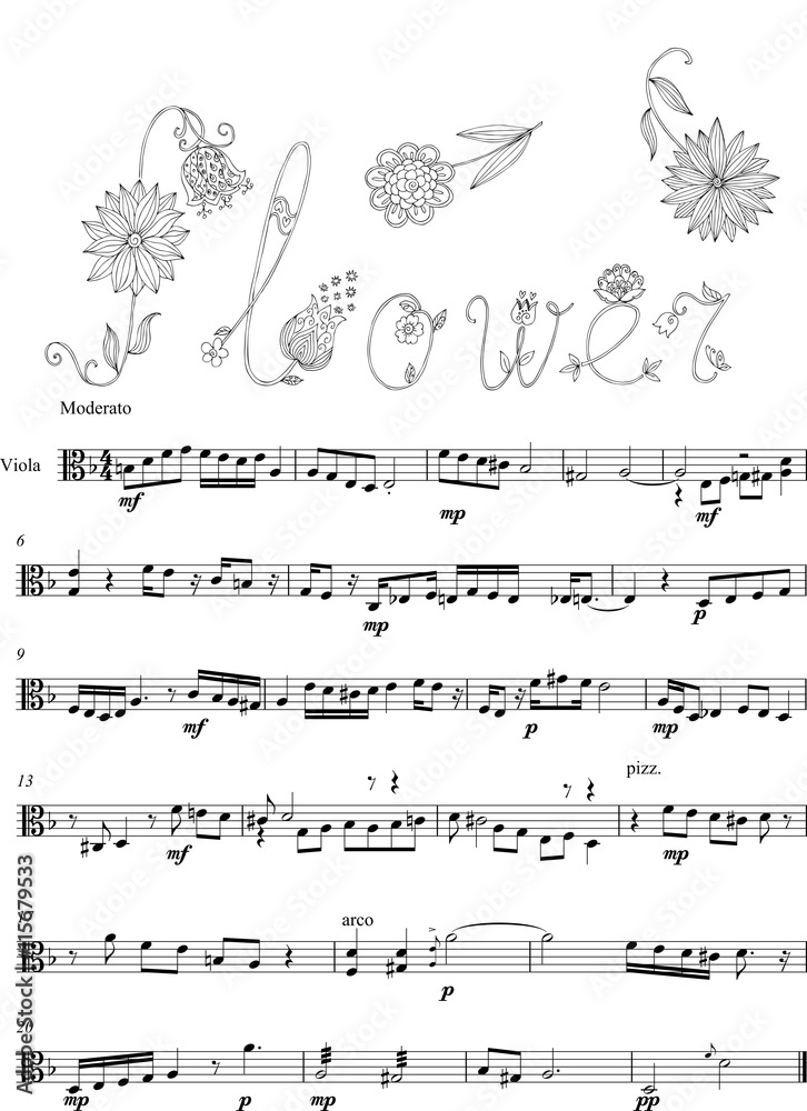 Hand drawn flowers and musical notes. Black and white vector ...
