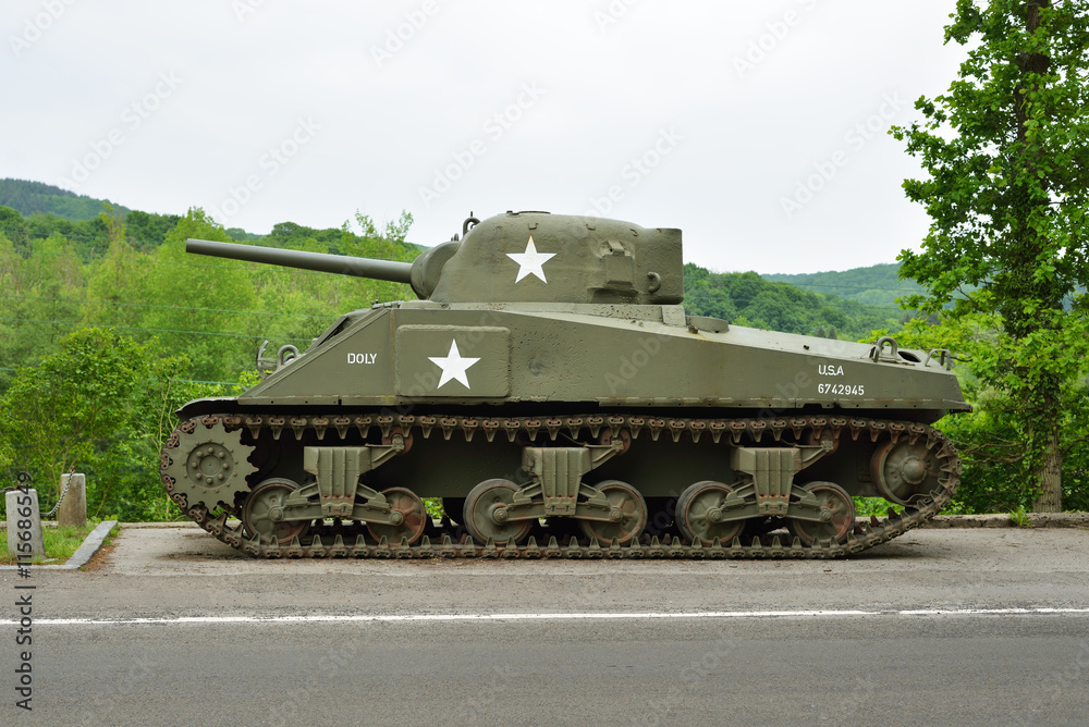 Sherman tank monument in Belgium Ardennes on the river Maas Stock Photo ...