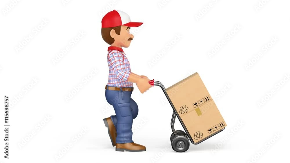 3d footage. Delivery man pushing a hand truck with boxes. Loop ...