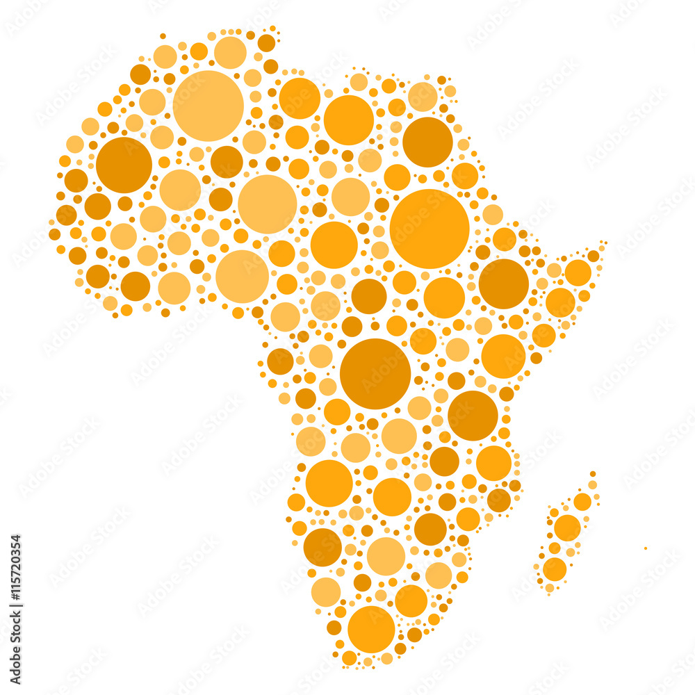Africa map mosaic of orange dots in various sizes and shades on white ...