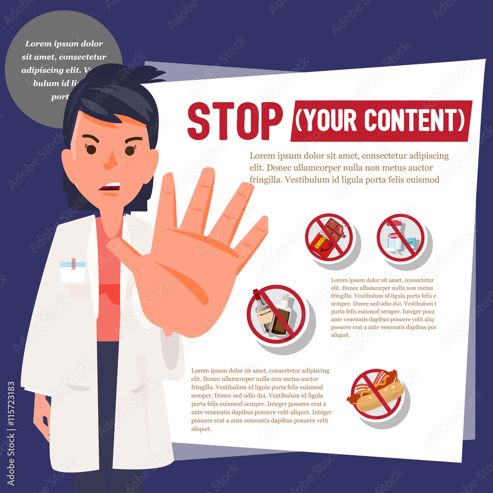 smart doctor showing stop hand to warn. infographic. icon. character ...