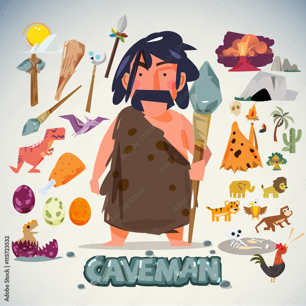caveman with tool, weapon and element. character design. stone a Stock ...