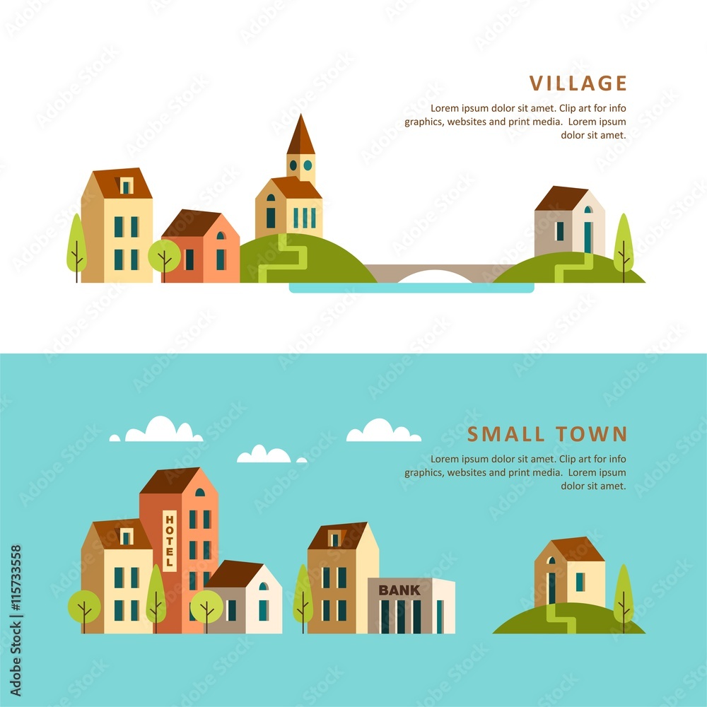 Village. Small town. Rural and urban landscape. Vector illustration ...