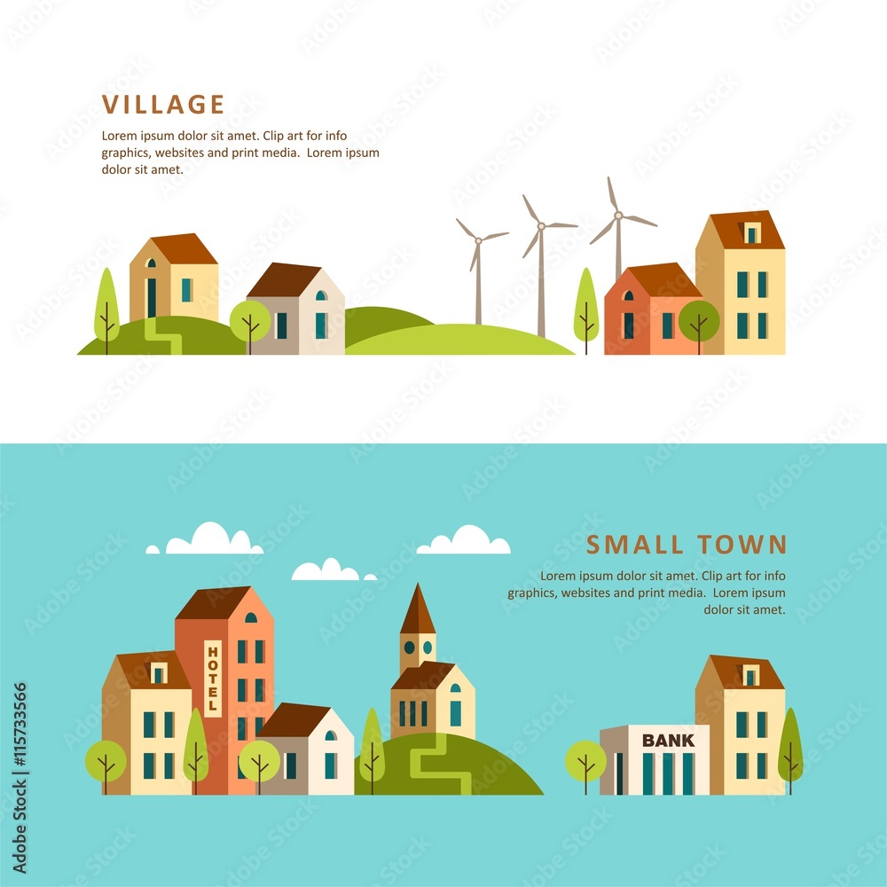 Rural and urban landscape. Village. Small town. Vector illustration ...