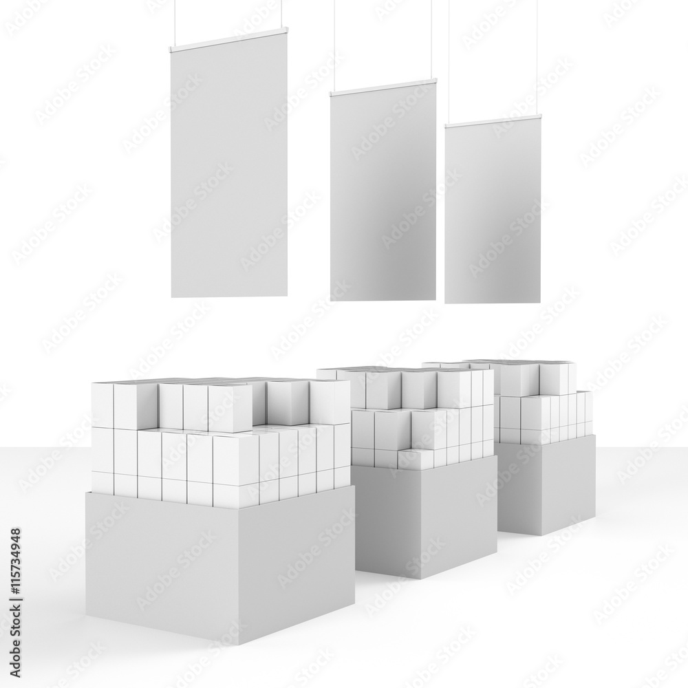 carton box with lots of boxes and hanging posters Stock Illustration ...