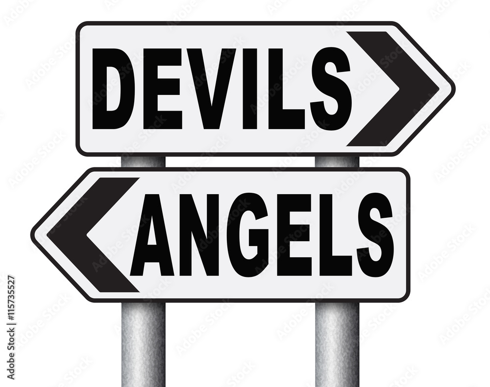 devil and angel good or evil bad heaven and hell road sign with text ...