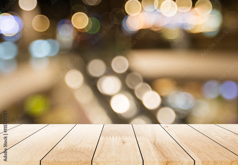 wood Panoramic empty clean wood counter table top on blur street night ...