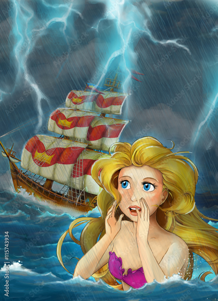 Cartoon fantasy scene of swimming mermaid - beautiful manga girl ...