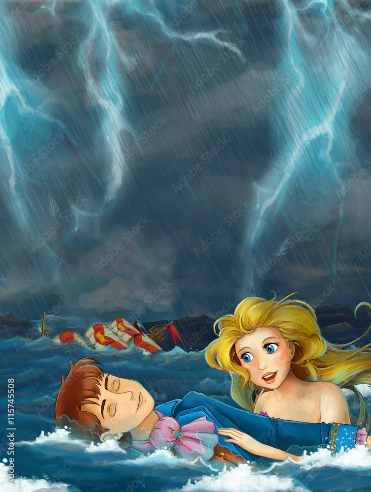 Cartoon scene with mermaid helping young prince in storm - rescuing him ...