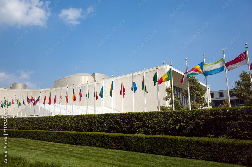 UN United Nations general assembly building with world flags fly Stock ...