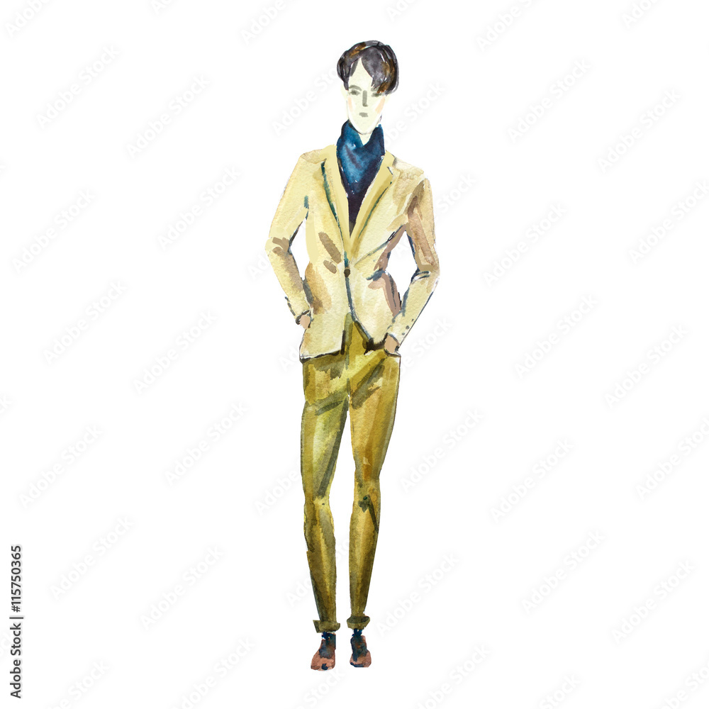Watercolor hand drawing fashion sketch of stylish boy. Stock ...