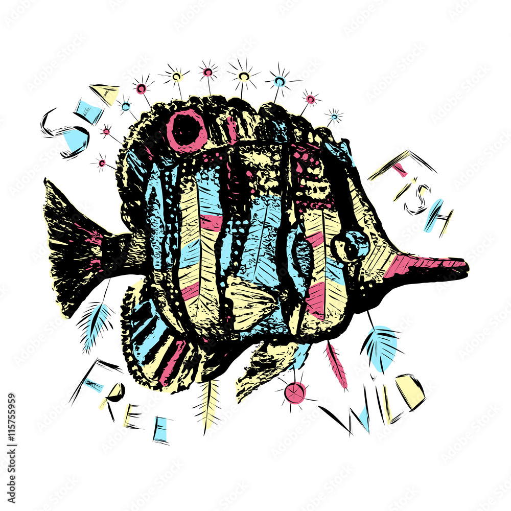 colored vector illustration with exotic fish, colored drawing in boho ...
