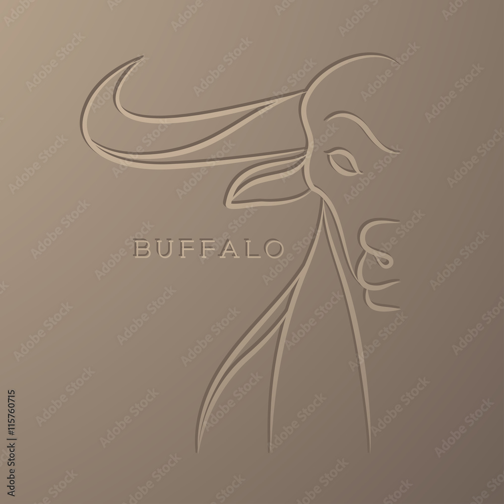 Buffalo illustration line art debossed design isolated on light brown ...